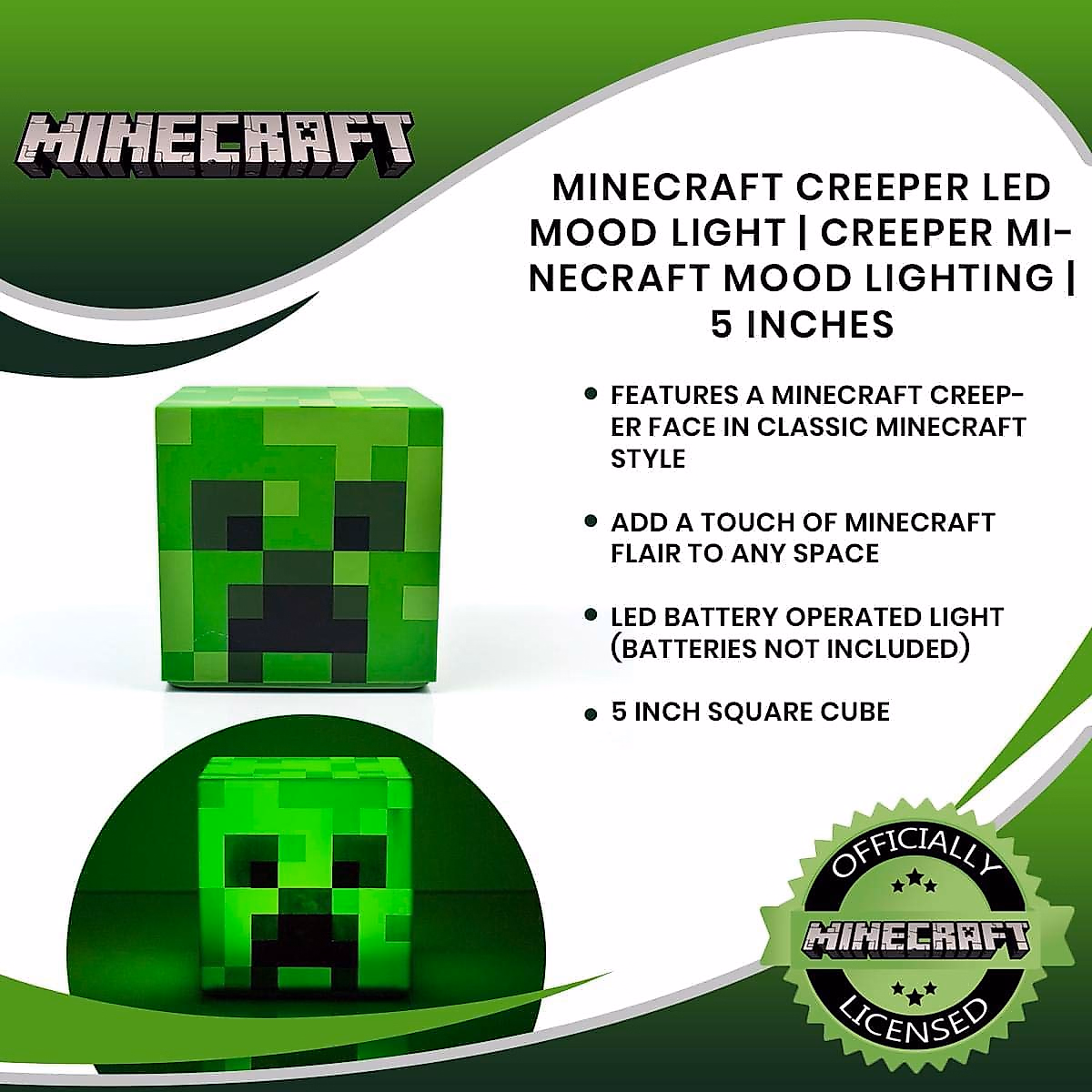 Minecraft Creeper LED Mood Light Creeper Lamp Mood Lighting Battery Powered | Collectible Mood Lamp | Green Mood Light LED Creeper | 5 Inches Tall