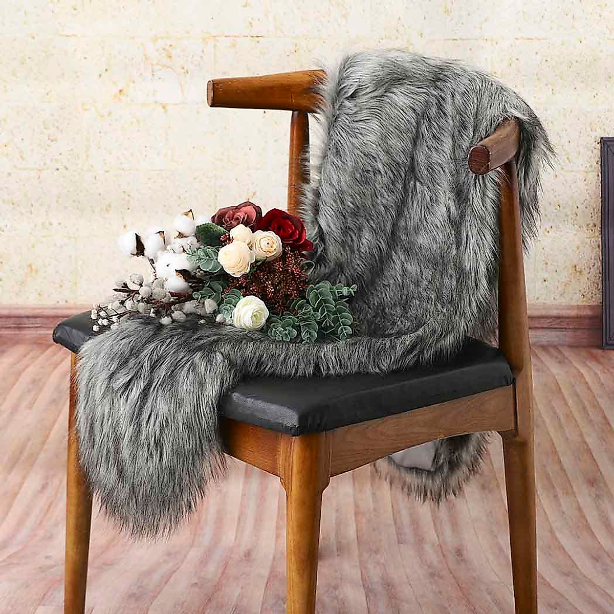 Chicer Wedding Faux Fur Shawl Bridal Faux Fur Shawl Wrap Stole Winter Faux Fur Coat for Bride and Bridesmaids(Grey)