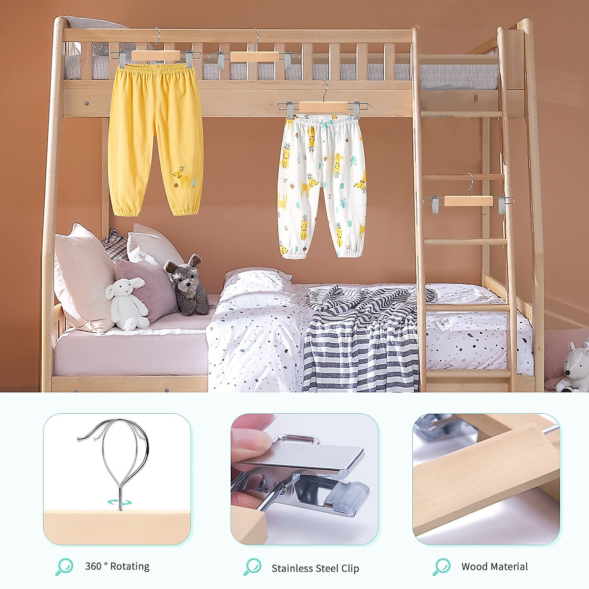 Nature Smile 20 Pack 10.2 Inches Unfinished/Natural Kids Baby Toddler Infant Children Solid Wooden Pants Skirts Hangers Wood Trousers Bottom Hangers with 2-Adjustable Clips 360° Stronger Swivel Hook