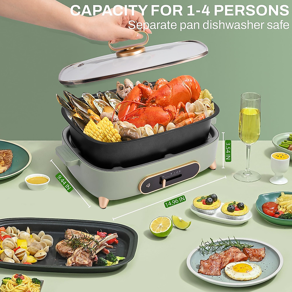 SUSTEAS 2 in 1 Electric HotPot with Removable Grill Pan, Non-Stick Skillet & 4L Shabu Shabu Pot,1200W with Slide Power Control for Frying,Grilling,Outdoor Camping BBQ, Family & Friend Gathering Party