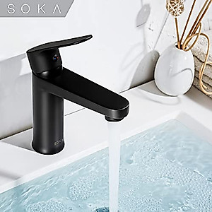 SOKA Brass Bathroom Faucet Matte Black Bathroom Sink Faucet Black with Pop-up Sink Drain Stopper & Deck Plate 1 or 3 Hole Bathroom Faucet Single Handle Bathroom Faucet Single Hole RV Bathroom Faucet