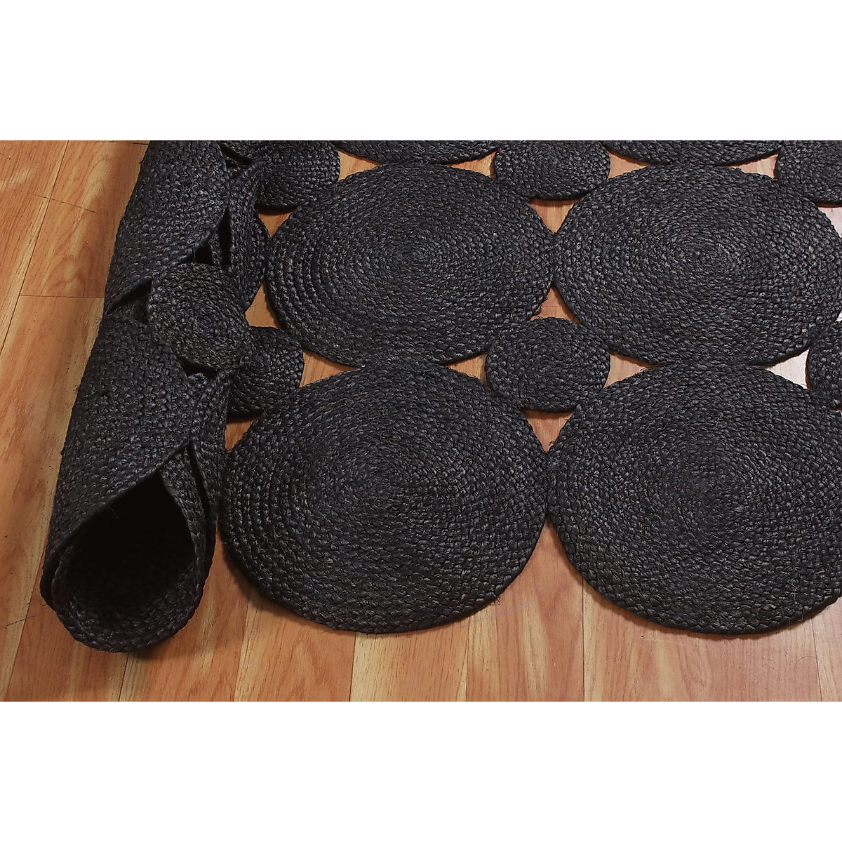 Braided Scalloped Area Rug, Natural Jute Kilim Rugs - 10x8 Ft Medium Flatweave Woven Carpet Dhurrie for Indoor Use Like Living Room Kitchen Entryway Dining Room Bedroom (Black)