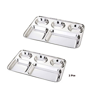 Stainless Steel Rectangle/Square 5 Section Compartment Lunch Plate Round and Square Tray Set of 2