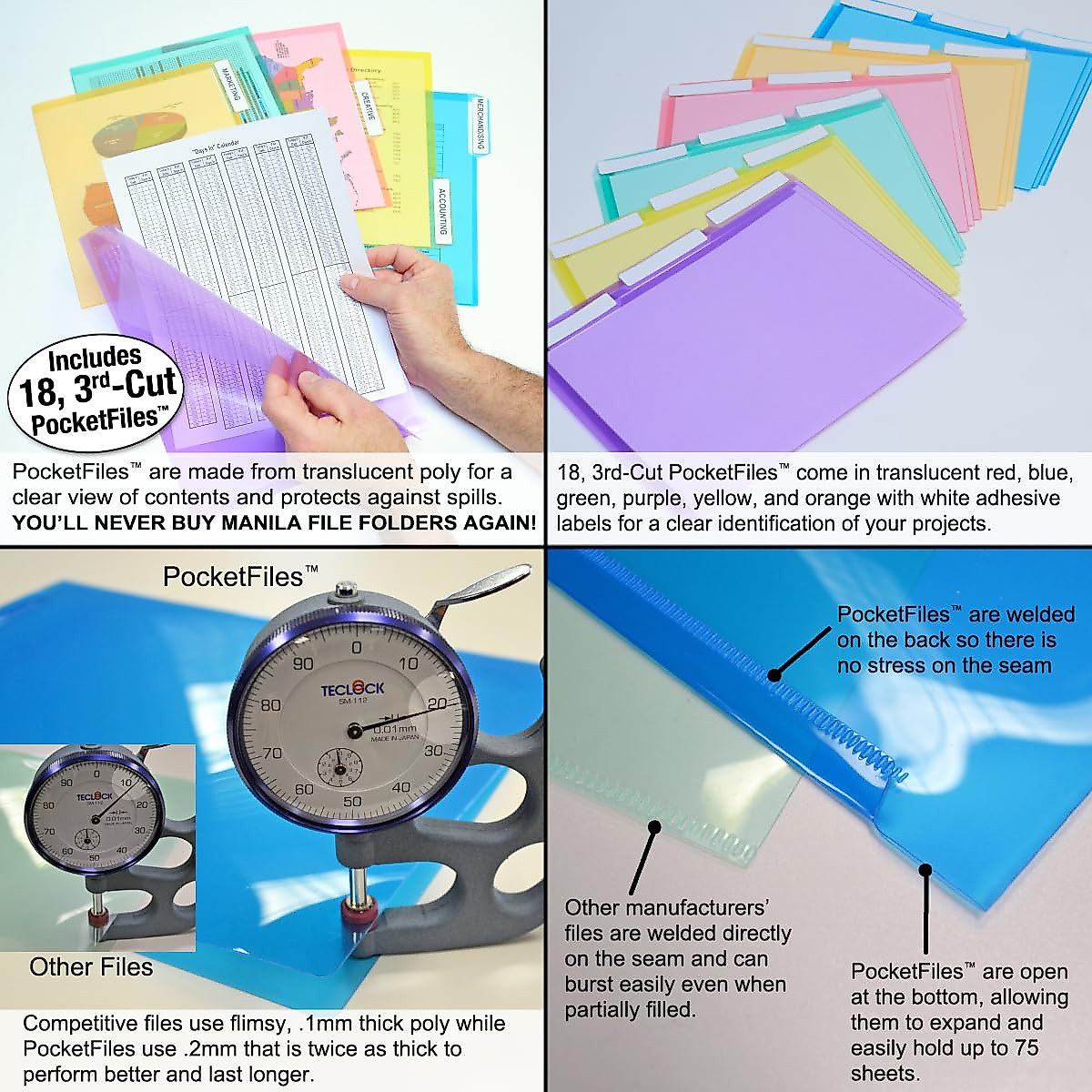 Ultimate Office Mesh Wall File Organizer, 15 Tier Vertical Mount Hanging File Sorter. Multipurpose Display Rack Includes 18, 3rd Cut PocketFile Clear Document Folder Project Pockets (Black)