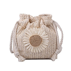 Summer Straw Coin Purses for Women Girls Cute Floral Drawstring Crossbody Bag for Beach Vacation(White)
