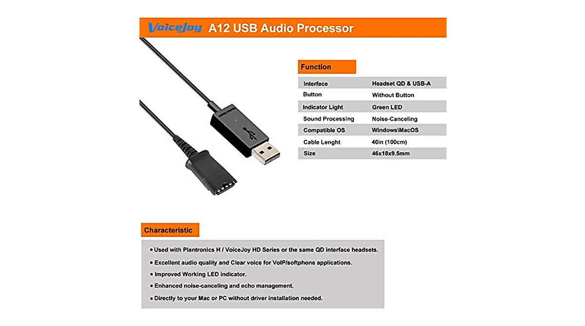 VoiceJoy USB Adapter for Plantronics Headsets - Easy Plug & Play