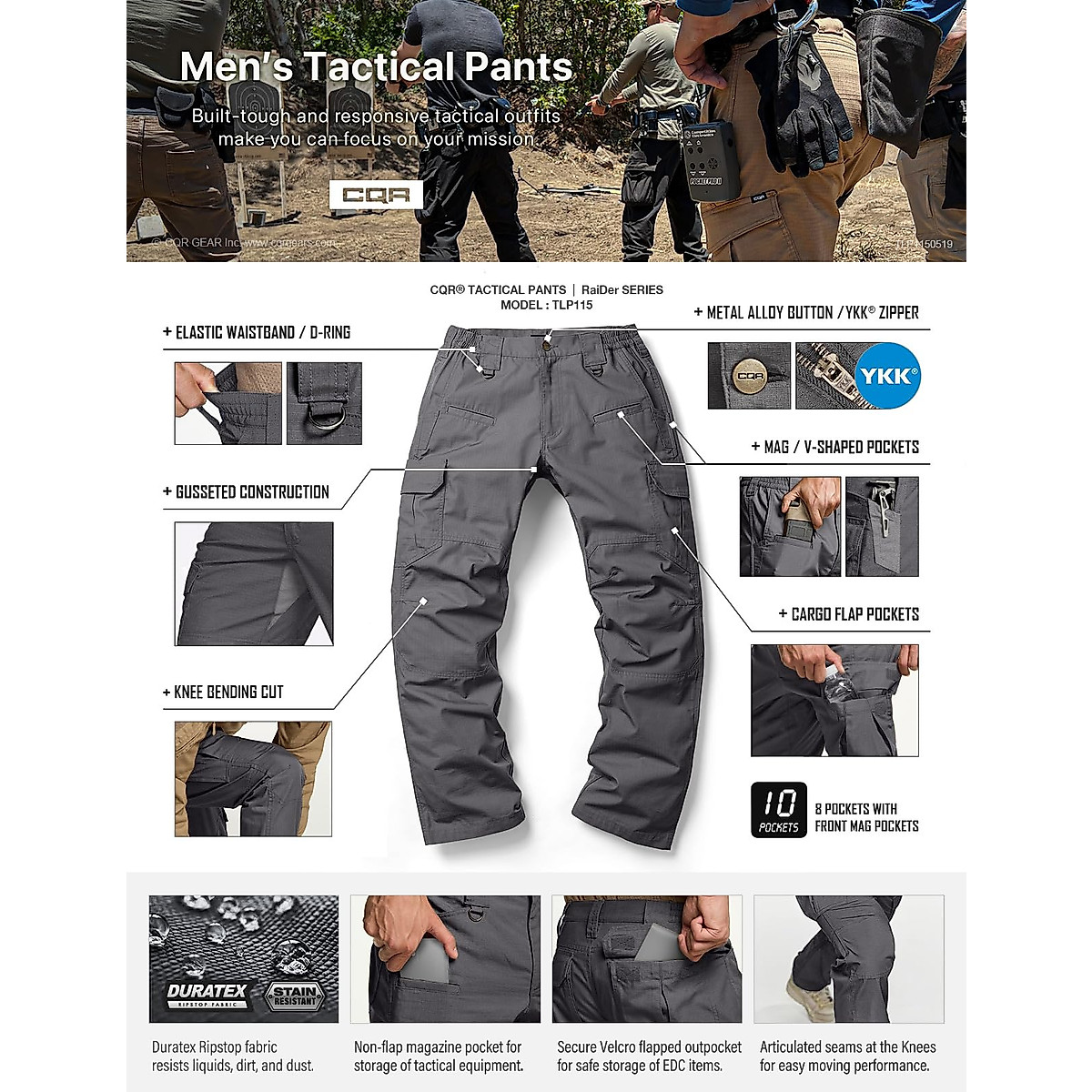 CQR Men's Tactical Pants, Water Resistant Ripstop Cargo Pants, Lightweight EDC Work Hiking Pants, Outdoor Apparel, Duratex Charcoal, 34W x 30L