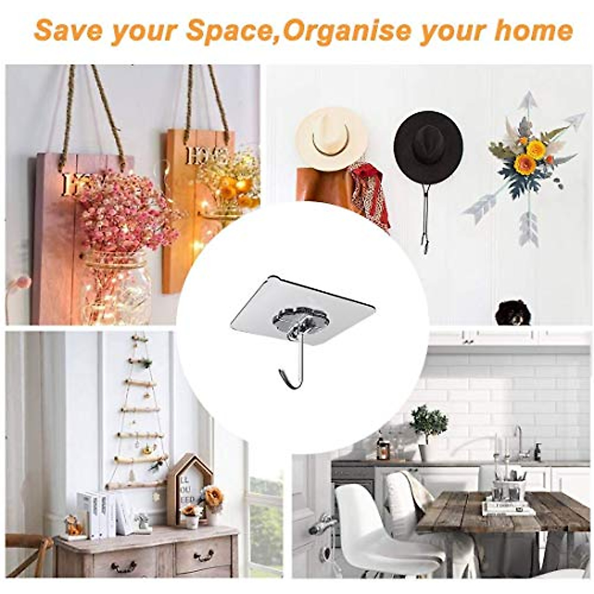 KK5 Adhesive Wall Hooks Hangers Heavy Duty 13 Pounds Sticky Hooks for Hanging for Kitchen Livingroom Bedroom Student Dormitory Stainless Steel Ceiling Hanger