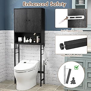 Tangkula Over The Toilet Storage Cabinet, Freestanding Toilet Rack w/ 2 Doors, Adjustable Shelf, Adjustable Bottom Bar, 2 Side Hooks, Above Toilet Storage Shelf for Bathroom, Laundry Room (Black)