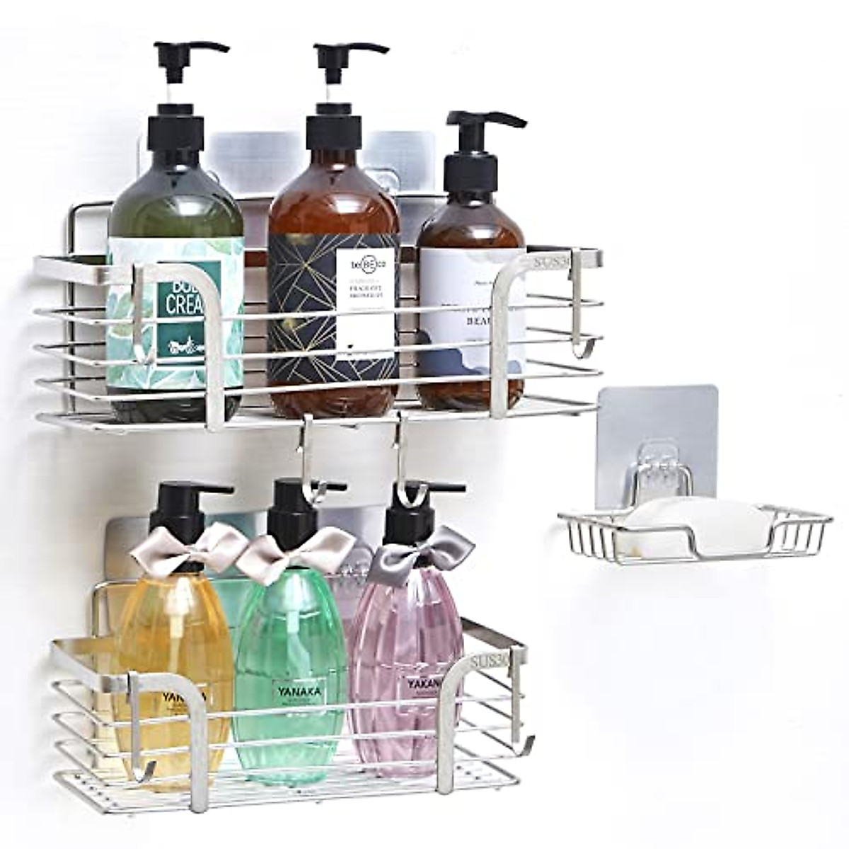 BOARWILY Adhesive Shower Caddy Shelf Organizer , Bathroom Shower Rack with Soap Dishes , 304 Stainless Steel Bathroom Shower Storage Organizer with 6 Hooks - 3 Pack , No Drilling
