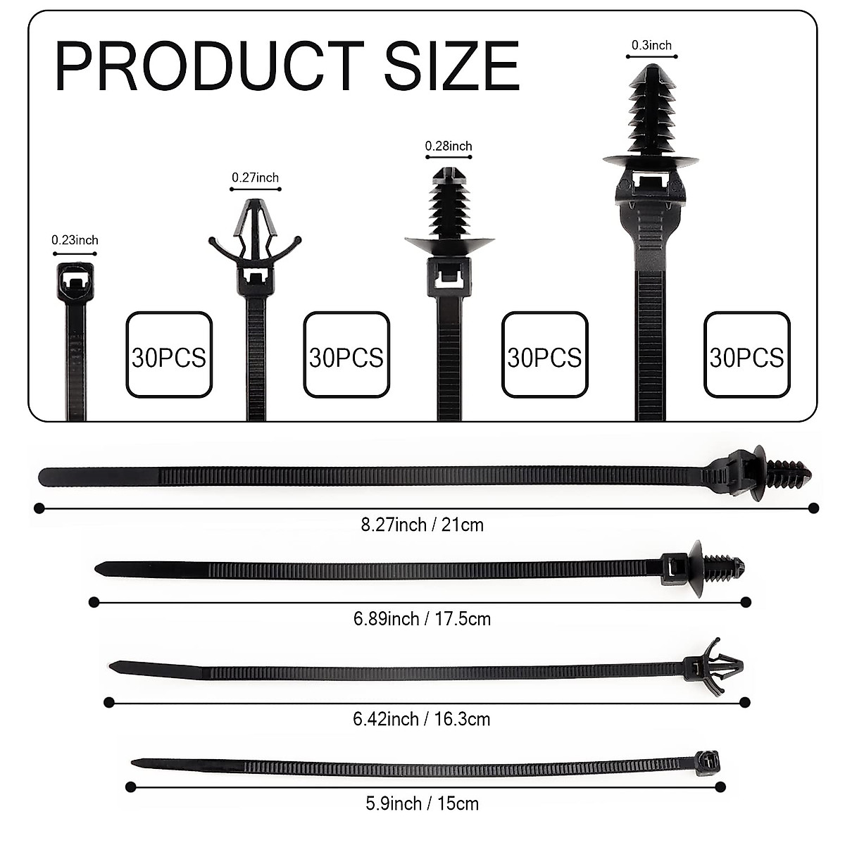 120PCS Strong Bite Force & Tensile Resistance Black Zip Ties - Nylon Self Locking UV Resistant Cable Tie Mount for Indoor and Outdoor - 4 Universal Sizes Cable Management Clips