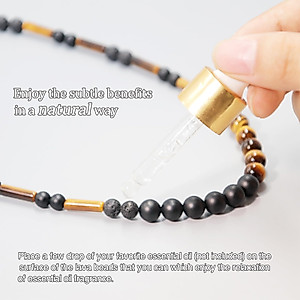 Tigers Eye Beaded Necklace for Men - Black Onyx Lava Rock Beads Necklace for Essential Oil Diffuser, Mens Protection Stone Beads Necklaces Spiritual Jewelry Birthday Gifts for Husband and Boyfriend