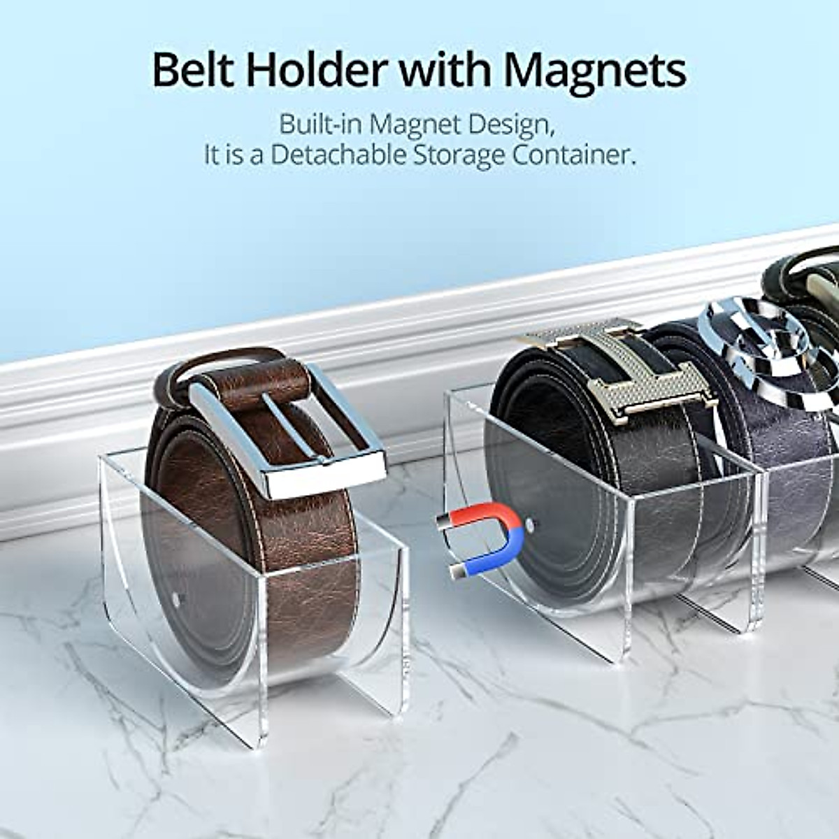 Belt Organizer, KDSKSC 4 Pack Acrylic Belt Storage Holder, Detachable Belt Container Clear Display Case for Closet and Drawer Belts Tie Bow Tie