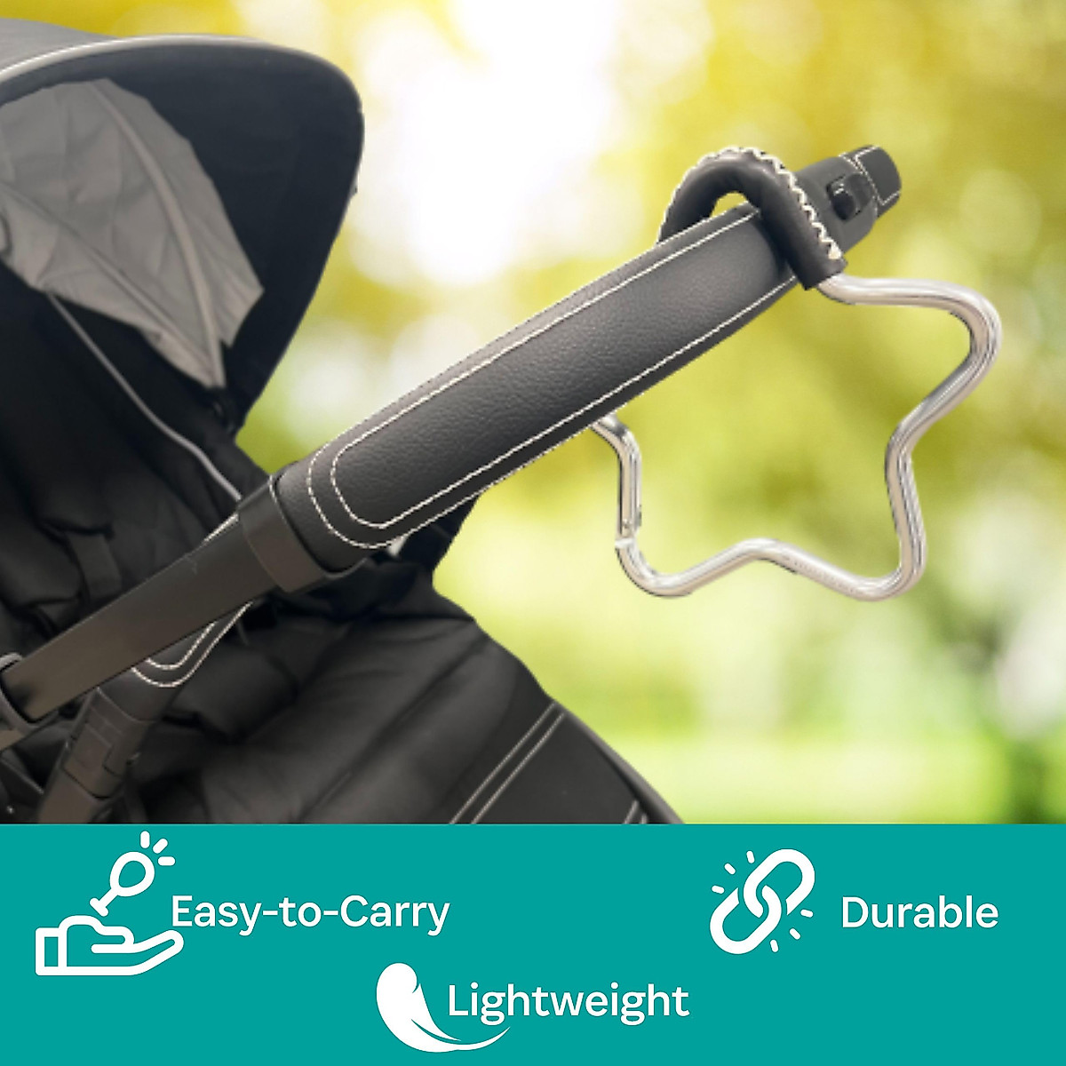 Buggy Star Hook by BUGGYGEAR Silver/Black Leather - The Perfect Way to Carry Your Baby Diaper Bag - Use The Hook on Your Stroller Handle Bars and Let The Hooks Do The Work. Buggy Gear