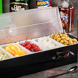 Restaurantware Bar Lux 19.6 x 6.3 x 3.7 Inch Condiment Caddy 1 Durable Bar Caddy - 6 Removable Compartments Built-In Lid Black Plastic Condiment Holder For Restaurant Store Cocktail Garnish