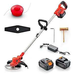 SANJIAN Cordless Weed Wacker Electric Brush Cutter Stringless Weed Eater with 3 Types Blades 2Pcs 4.0Ah Battery,Lightweight String Trimmer for Garden Yard Lawn Trimming/Pruning, Brushless Motor