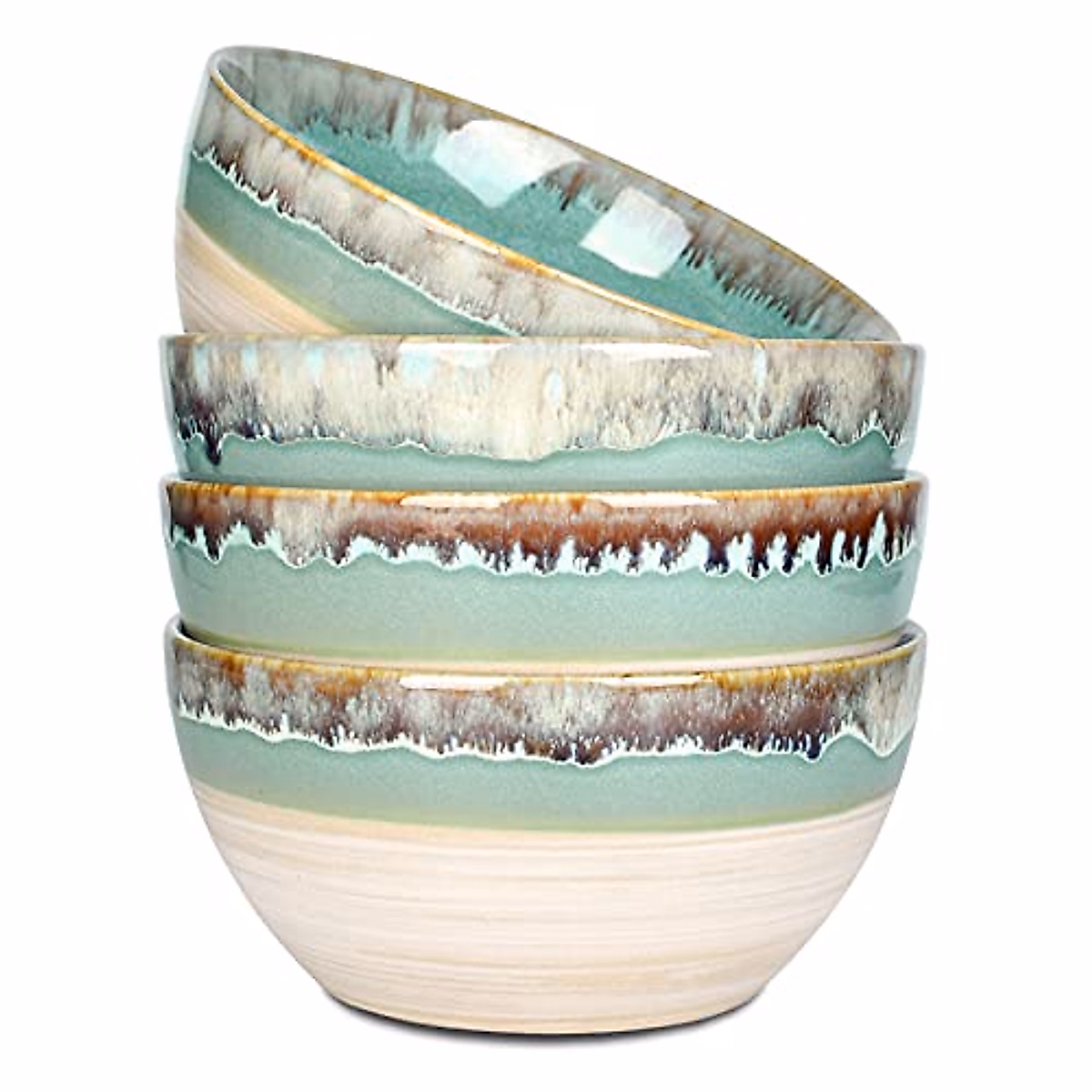 Bosmarlin Ceramic Soup Bowl Set of 4, 26 Oz, Stoneware Cereal Bowl for Oatmeal, Salad, Dishwasher and Microwave Safe, Reactive Glaze (Green, 6 in)