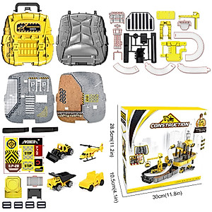 Siairo Construction Race Car Toy for Kids - Construction Race Truck with Crane, Helicopter, Bulldozer, Excavator Toy Backpack for 3 4 5 Year Old Boys & Toddlers