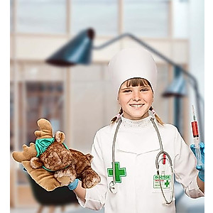 DolliBu Sleeping Moose with Pillow Doctor Plush Toy - Super Soft Moose Doctor Stuffed Animal Dress Up with Scrub Cap and Face Mask Outfit - Fluffy Doctor Toy Plush Gift with Personalization - 10 Inch