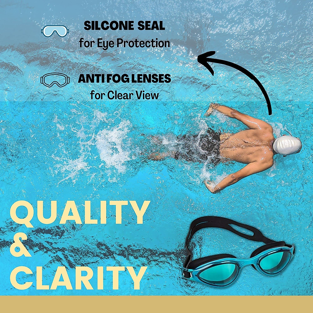 Splaqua Swim Goggles for Men and Women - Adjustable Straps, Silicone Eye Seal, UV Protection and Anti Fog Lenses Swimming Goggle - Teal and Black
