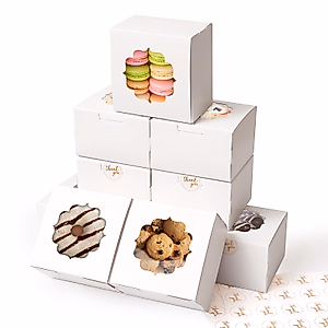 Shallive 4-Inch Small Cookie Boxes 50 Pcs White - Bakery Treat Boxes with Window for Gifting, To-go Containers for Cake Slice, Macarons, Donuts 4x4x2.5