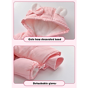 JanLEEsi Baby Winter Hooded Snowsuit Romper Zipper Padding Bodysuit Infant Puffer Jacket with Gloves,Pink,9-12M
