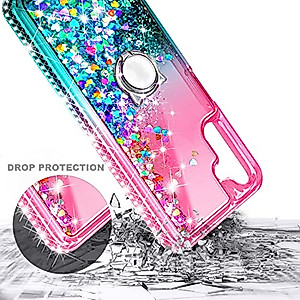 NZND Case for Samsung Galaxy A13 5G with Tempered Glass Screen Protector (Maximum Coverage), Ring Holder/Wrist Strap, Glitter Liquid Floating Waterfall Durable Girls Cute Phone Case (Pink/Aqua)