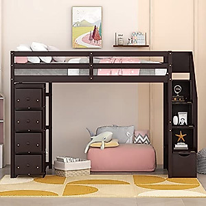 Merax Twin Size Loft Bed, Loft Bed Frame with Storage Drawers and Stairs, Wooden Loft Bed with Shelves, Espresso