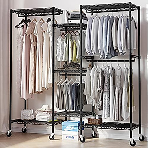 HOKEEPER Heavy Duty Rolling Wire Garment Rack with Rubber Wheels, Metal Clothing Rack for Hanging Clothes Freestanding Closet Organizer Portable Clothes Rack Wardrobe with 7 Shelves & 5 Hanging Rods