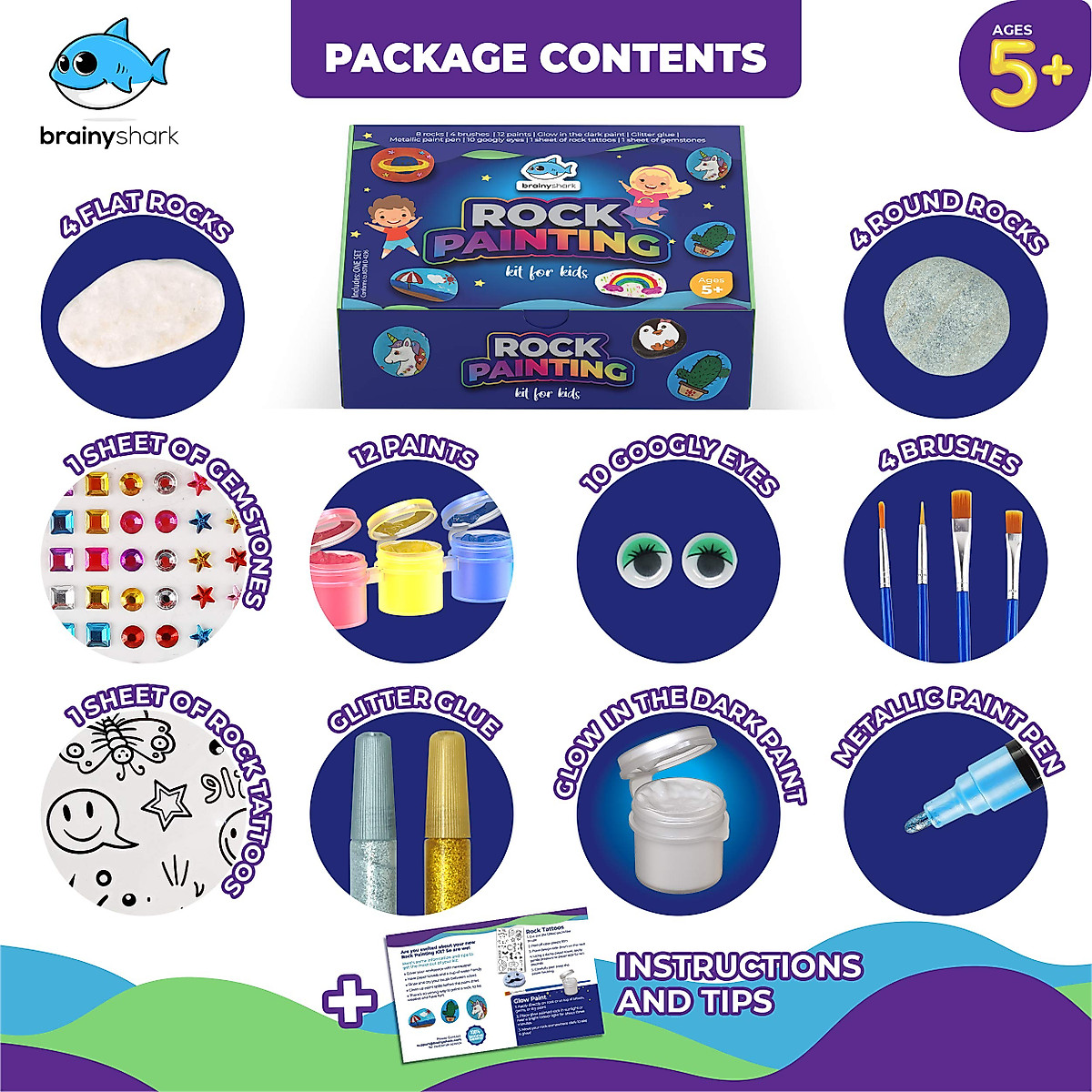 Brainy Shark Rock Painting Kit for Kids - Children's Arts and Crafts Set - 8 Rocks, 12 Paints, 4 Brushes, Googly Eyes, Metallic Paint Pen, Glitter Glue, Tattoo & Gem Stickers - Gift for Boys & Girls