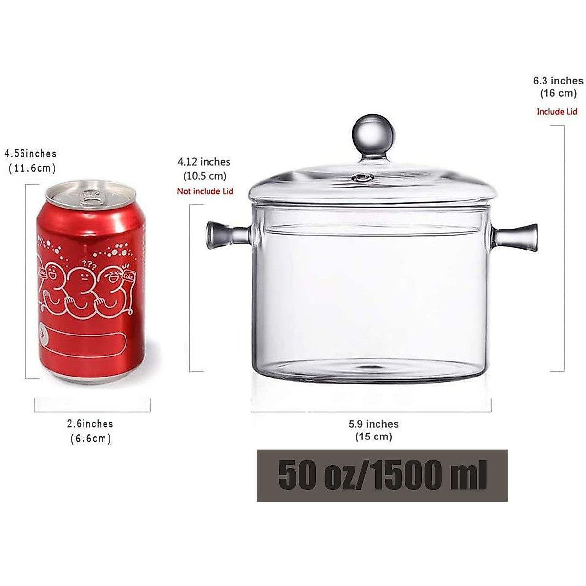 Glass Cooking Pot, 1.5L/50 OZ Glass Saucepan with Cover, Transparent Heat Resistant High Borosilicate Glass Stovetop Pot and Pan with Lid, Easy Grip Handles, Safe for Pasta Noodle (50OZ/1.5L)