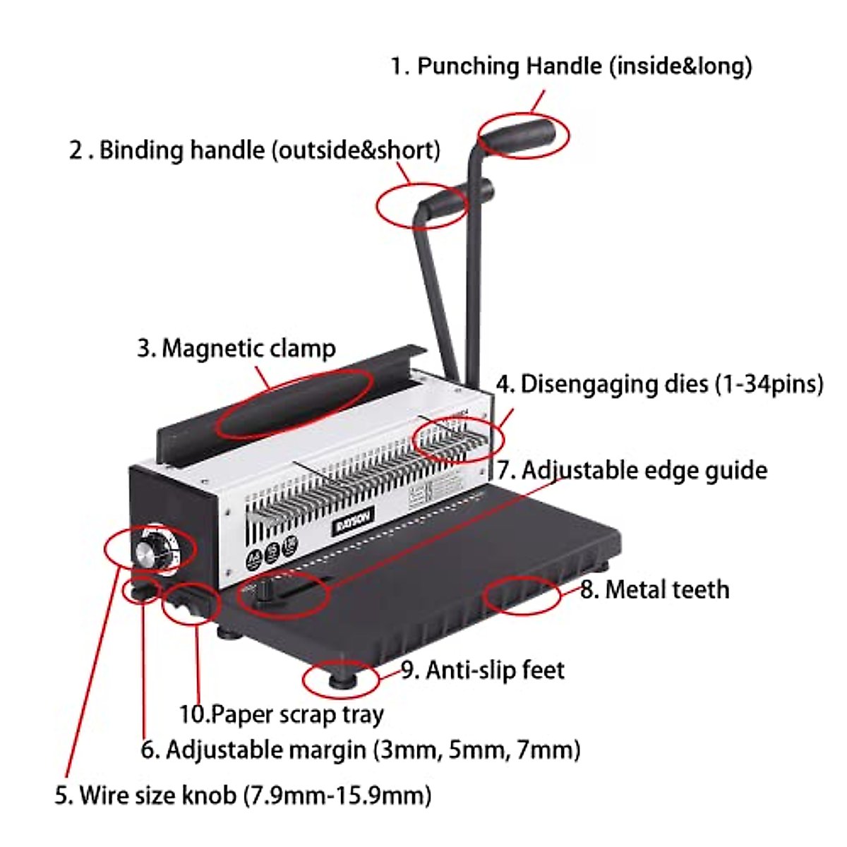 Rayson TD-1500B34 Binding Machine, Square Size Holes, 3:1 Pitch Wire-O Binder Punch 15 Sheets/Bind 130 Sheets with Sturdy Metal Construction