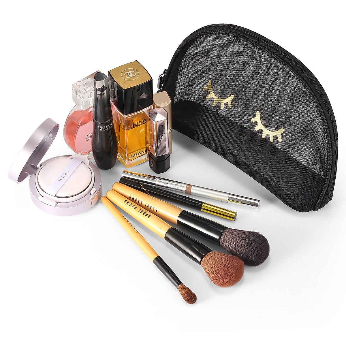 Cosmetics Bag, See Through Makeup Bag/Organizer, Stylish Eyelashes, 9x6 pouch, Mesh Travel Accessories Organizer by Charmonic (Black)