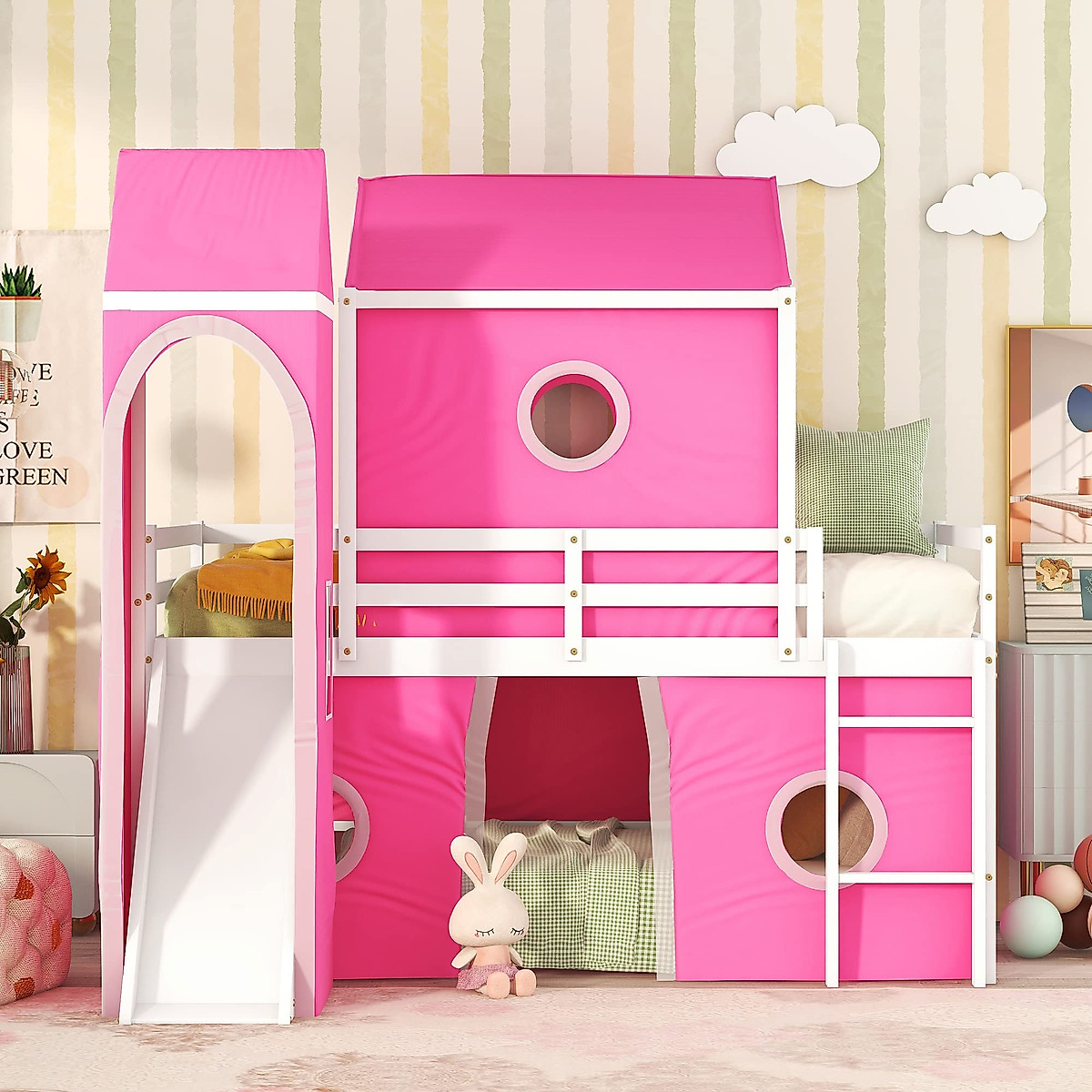 Harper & Bright Designs House Loft Bed with Slide and Tent, Twin Size Loft Bed with Small Pinnacle and Ladders, Wood Bunk Bed, Playhouse Bed Frame for Kids, Teens, Boys & Girls (Twin Size, Pink)