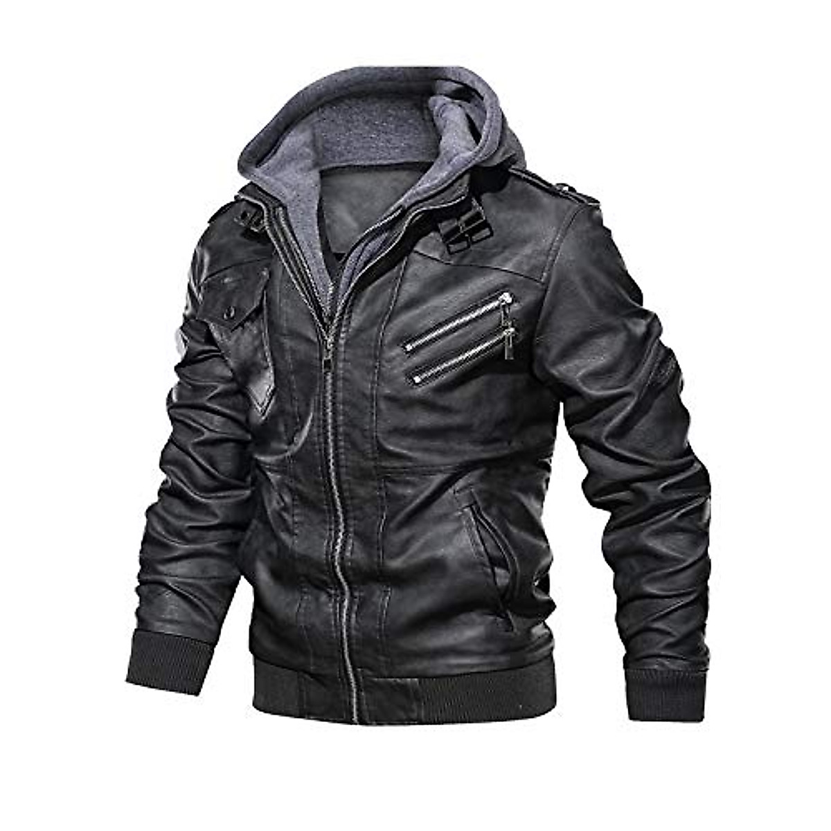 HOOD CREW Men’s Casual Stand Collar PU Faux Leather Zip-Up Motorcycle Bomber Jacket With a Removable Hood