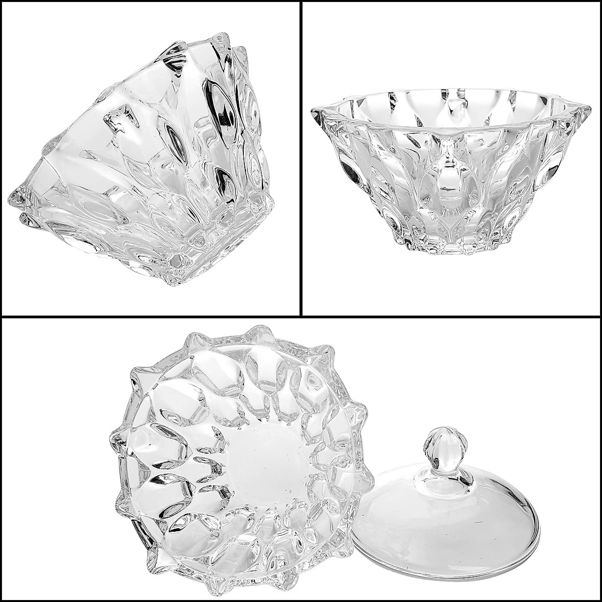 ZENFUN 4 Pack Glass Candy Dish with Lid, 4.5'' Crystal Faceted Candy Jar Clear Covered Candy Bowl, Decorative Food Storage Container for Buffet, Party, Home Office, Birthday Gift