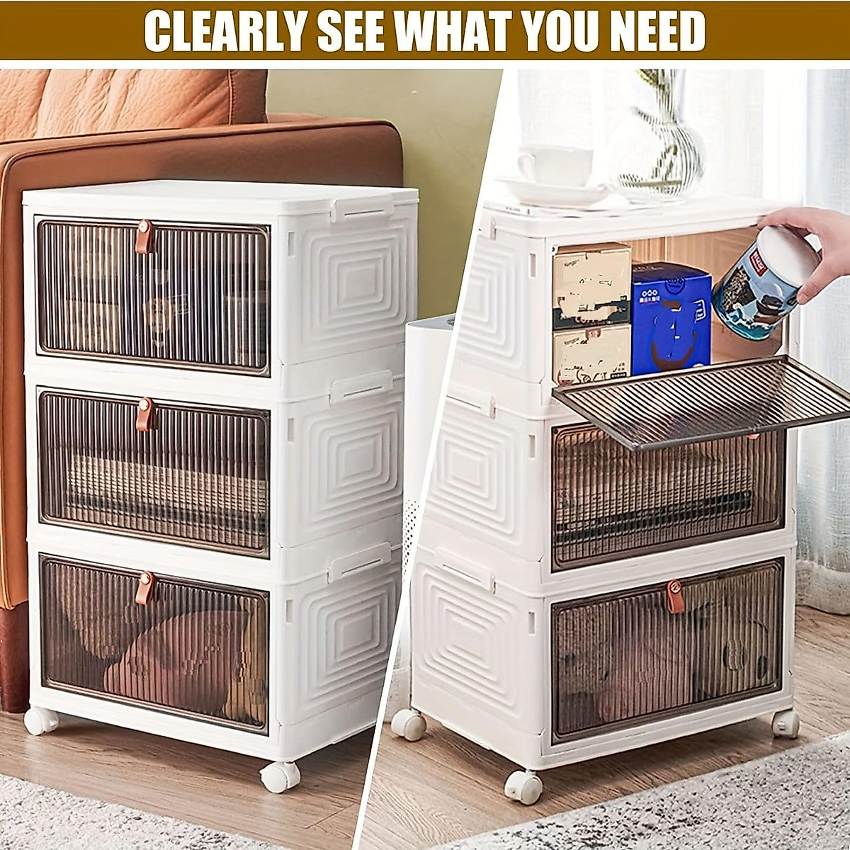 5 Tier Stackable Storage Bins with Lids, 28Qt Plastic Storage Containers with Magnetic Doors & Wheels, Convenient Storage Bins Closet Organizers, Household Organization for Home, Party, Office, Dorm