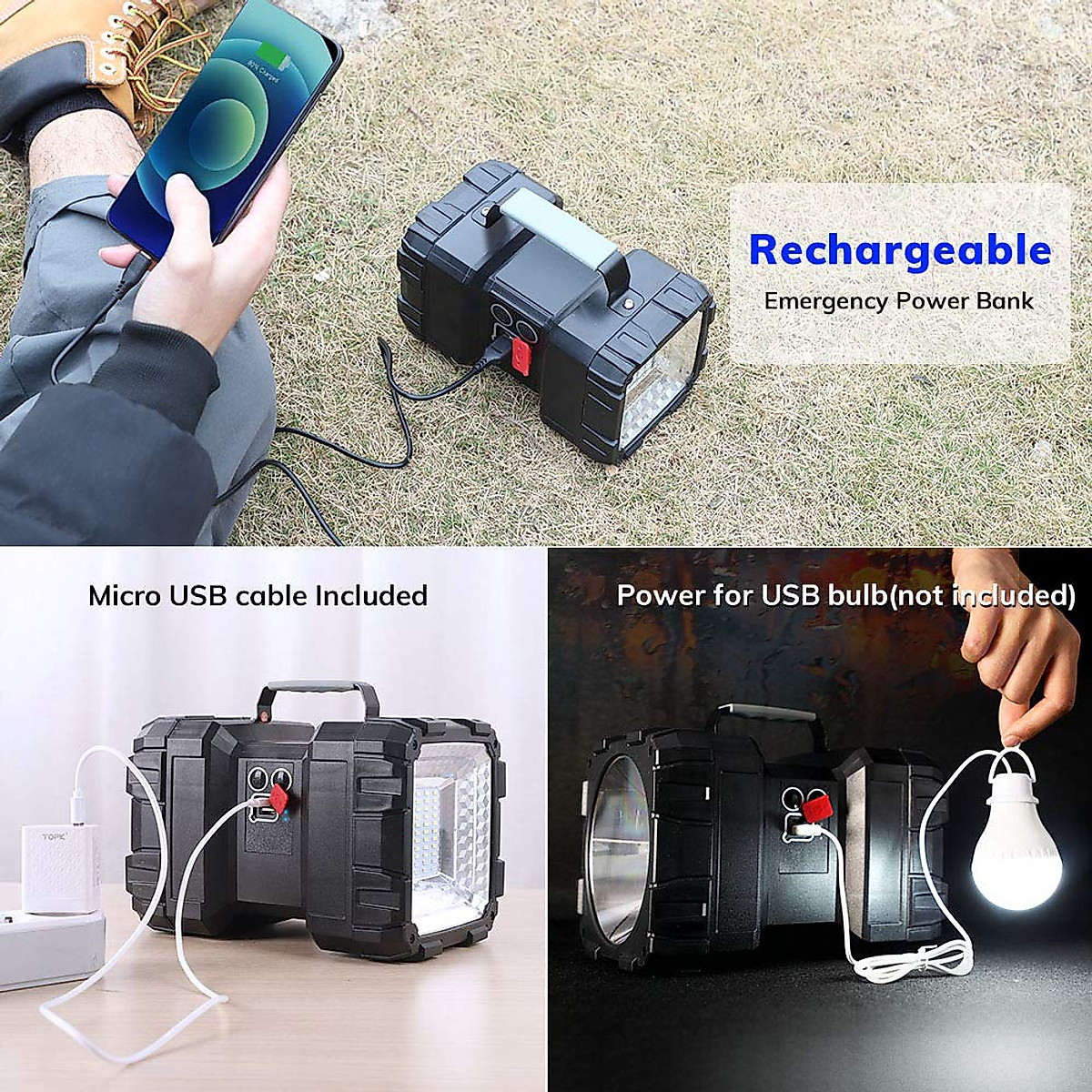 JODK Bright Rechargeable Flashlight, Portable Handheld Spotlight Searchlight 10000mAh 1200LM with 3+4 LED Lights Modes, Waterproof Flashlight with USB Output Power Bank