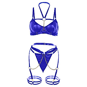 Women's Sexy Lingerie Three Piece Underwear Chain Neck Waist Seal Heavy Craft Sexy Lingerie Daddy Lingerie for Womens Bra and Panty Sets Blue