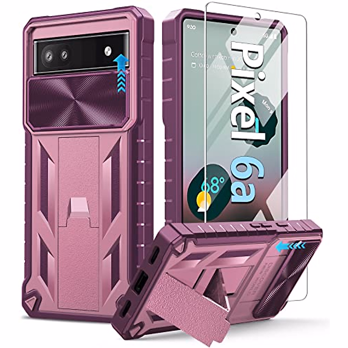 FNTCASE for Google Pixel 6a Case: Military Drop Proof Protection Rugged Protective Pixel 6A 5G Cell Phone Cover with Kickstand & Slide | Shockproof TPU Matte Textured Hybrid Bumper - Pink Purple