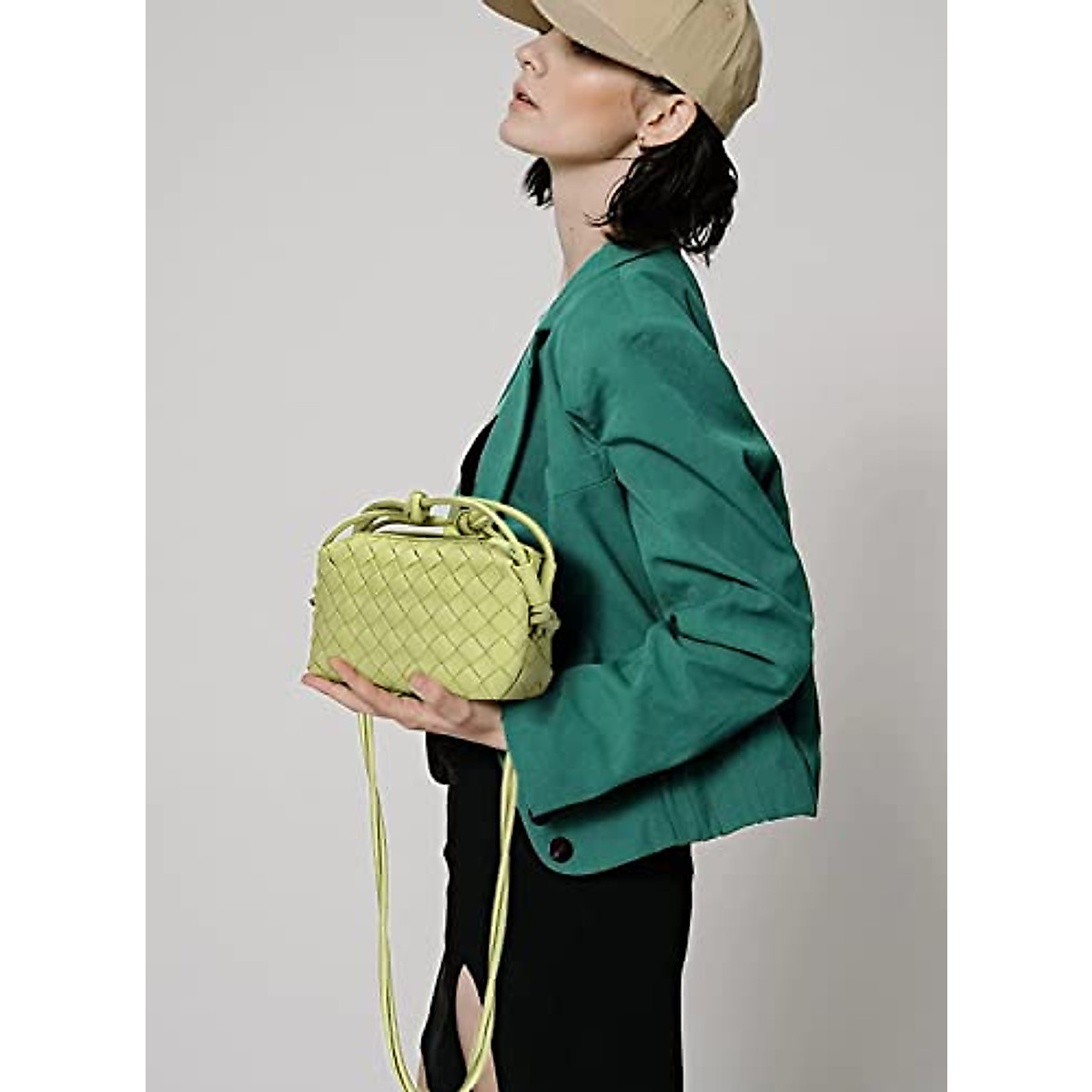 LOVEINT Small Crossbody Shoulder Bags for Women，Hand Woven Leather Clutch Purses Tote Bag Wallet Sling Bag Handbags (Lime color)