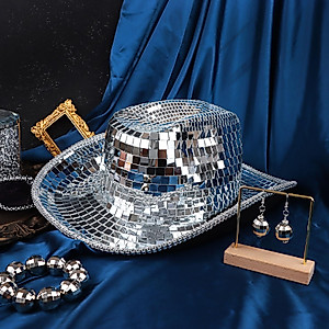 Alabelleza 5pcs Disco Ball Cowboy Hat Mirror Ball Cowboy Hat Sparkling Silver Cowgirl Hat for Women with Necklace, Earrings, Bracelet, Sunglasses