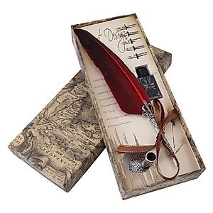 Feather Dip Pen, Calligraphy Writing Pens Set with 5 Stainless Steel Nibs Luxury Vintage Signature Crayons Markers Art Supplies and Ink Christmas Gifts for Adults Students Beginners Paper Letter Stamp