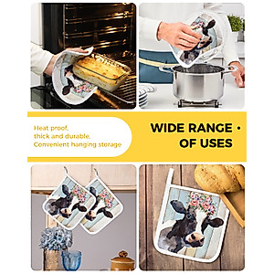 Pot Holder Set of 4 Farm Animal Cute Cow with Flower Wreath Potholder Heat Proof Non-Slip Pot Holders,Farmhouse Vintage Wooden Board Hot Pads Potholders for Kitchen Cooking Baking BBQ