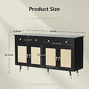 Buffet Cabinet with Storage, 55” Black Kitchen Cabinet with 4 Handmade Natural Rattan Doors, Black Sideboard Storage Cabinet with 2 Drawers for Dining Living Room