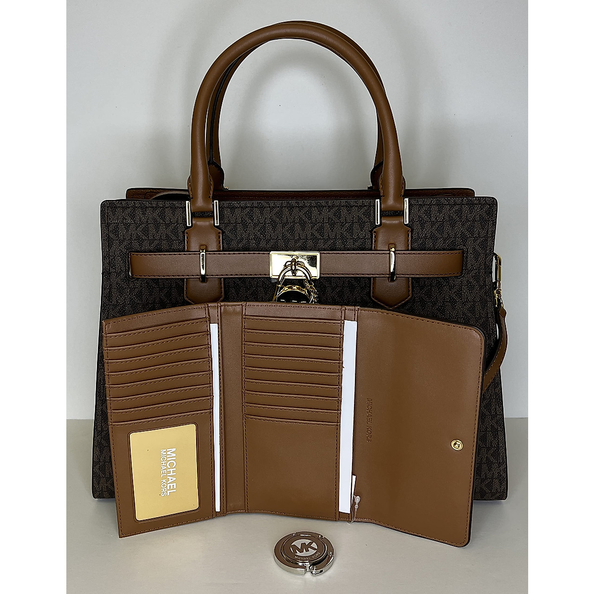 MICHAEL Michael Kors Hamilton MD Satchel bundled with Trifold Wallet and Purse Hook (Signature MK Brown)