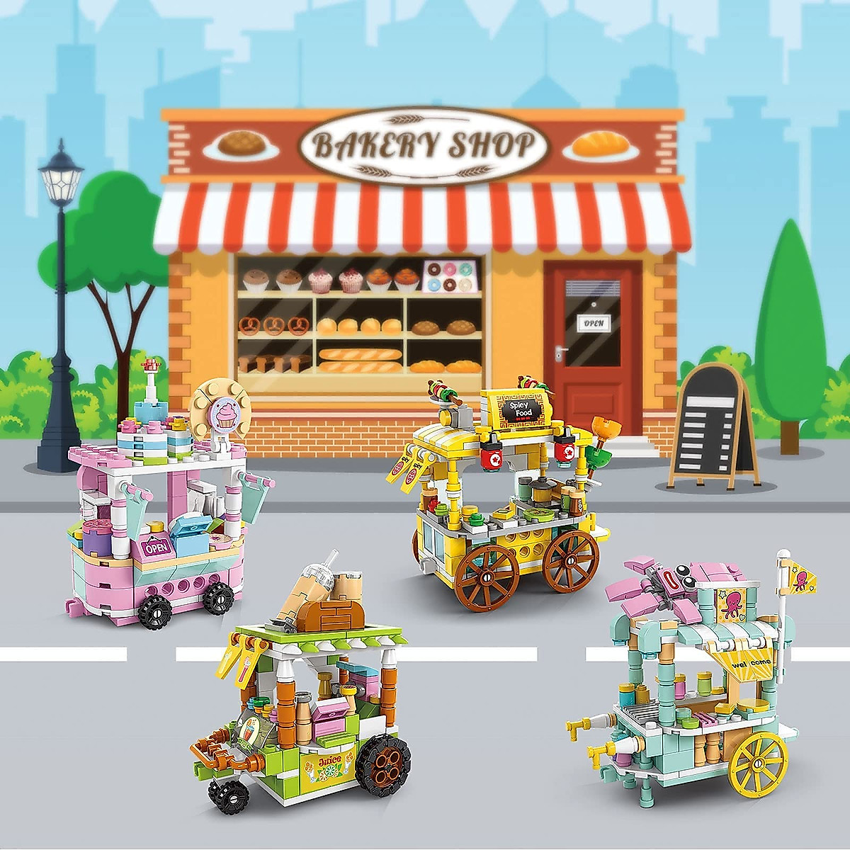 FUN LITTLE TOYS 4 Boxes Food Cart Building Block Toy Street View Building Bricks Set Include Ice Cream Cart BBQ Station Thrifty Thirst and Sushi Stop,Building Block Sets,