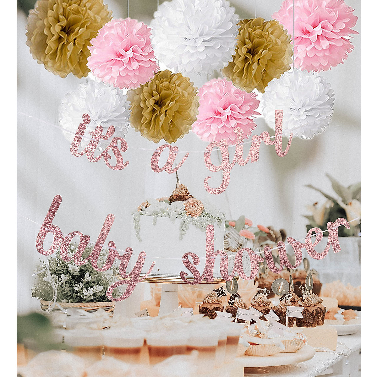 Kiwayo Baby Shower Decorations for Girl- Rose Gold Glitter Banner, Tissue Paper Poms, Round Dots Garland and Tassels Garland- Baby Girl Gender Reveal Birthday Party Decorations