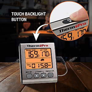 ThermoPro TP16S Digital Meat Thermometer for Cooking and Grilling, BBQ Food Thermometer with Backlight and Kitchen Timer, Grill Temperature Probe Thermometer for Smoker, Barbecue, Oven, Cookware