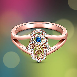 Evil Eye Hamsa Ring Hand of Fatima Rings for Women 925 Sterling Silver Protection Good Luck Spiritual Rose Gold Plated Blue Third Eye Jewelry Dainty Christmas Gifts Size 7